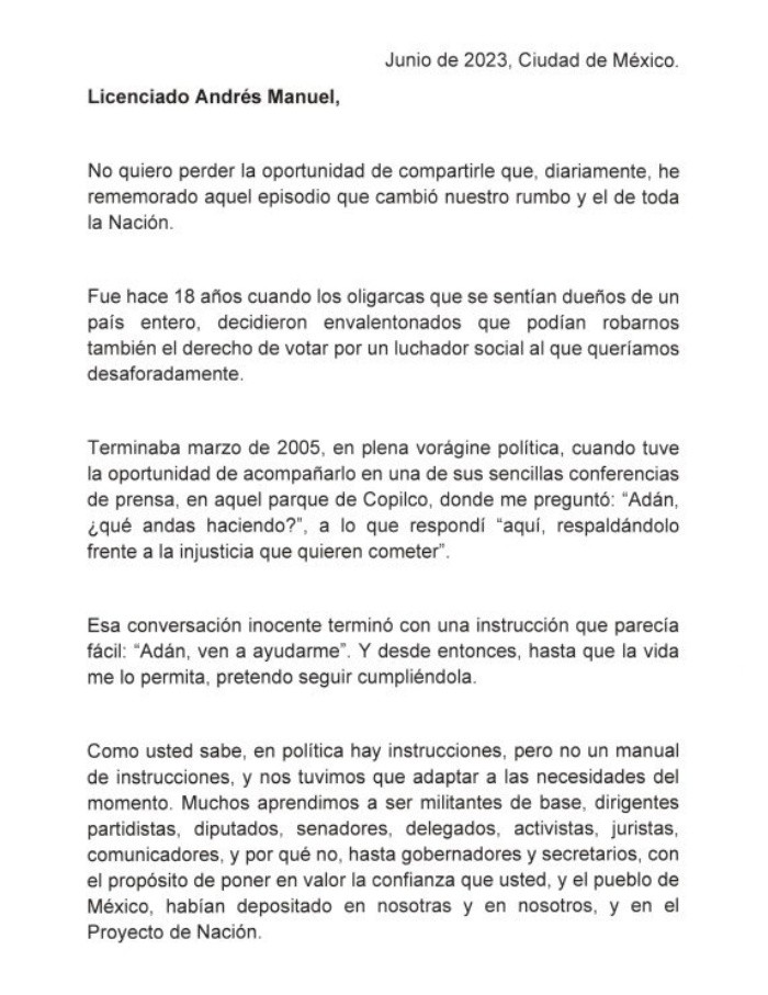 AMLO: Esta es la carta de renuncia que entregó Adán Augusto al Presidente | El Informador