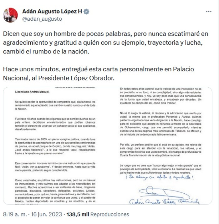 AMLO: Esta es la carta de renuncia que entregó Adán Augusto al Presidente | El Informador